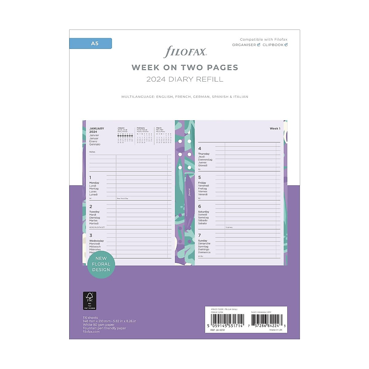 Filofax A5 Illustrated Floral Week on 2 Pages 2024 Diary Pack