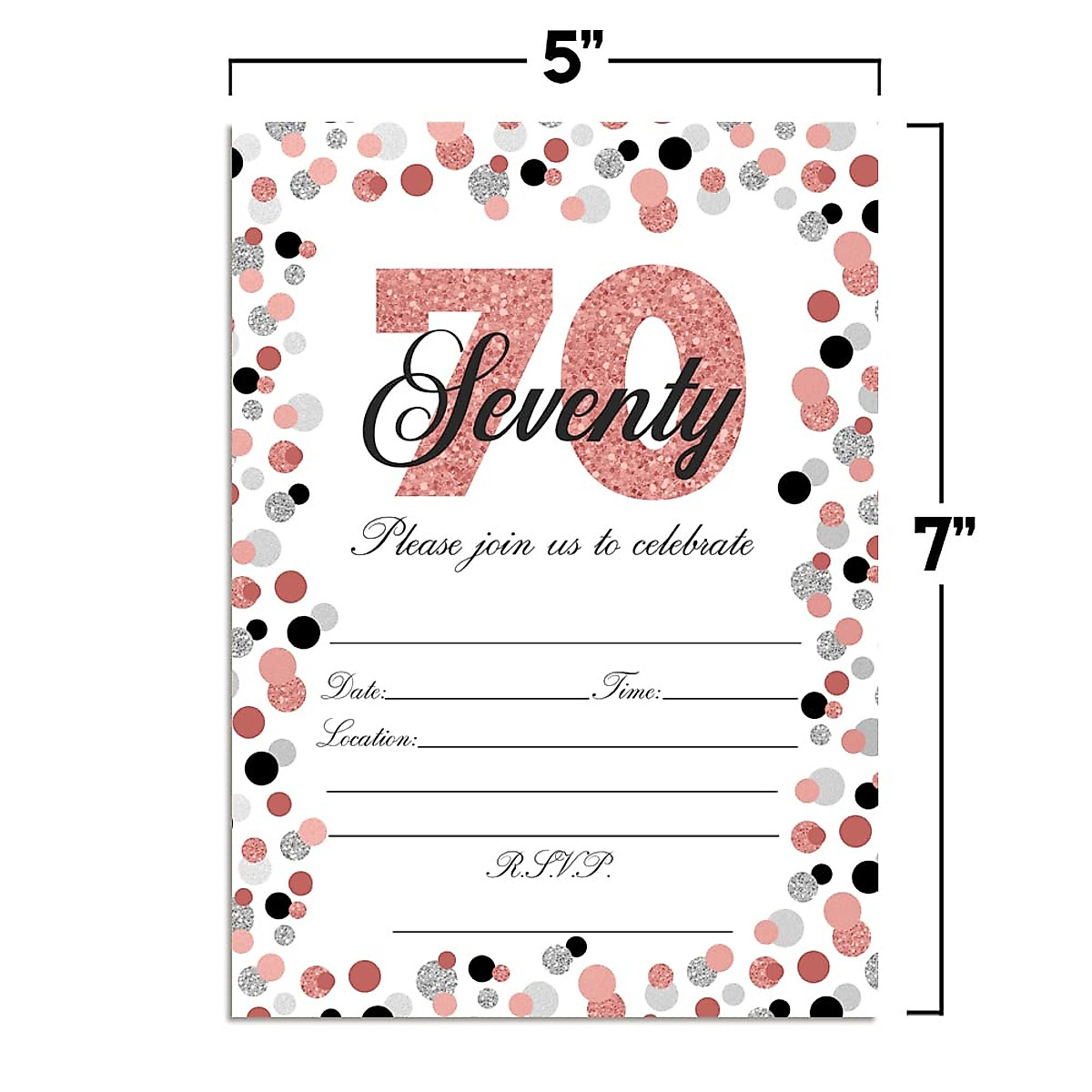 Amanda Creation Confetti Rose Gold Polka Dot 70th Birthday Party Invitations, 20 5x7 Fill-In Cards with Twenty White Envelopes