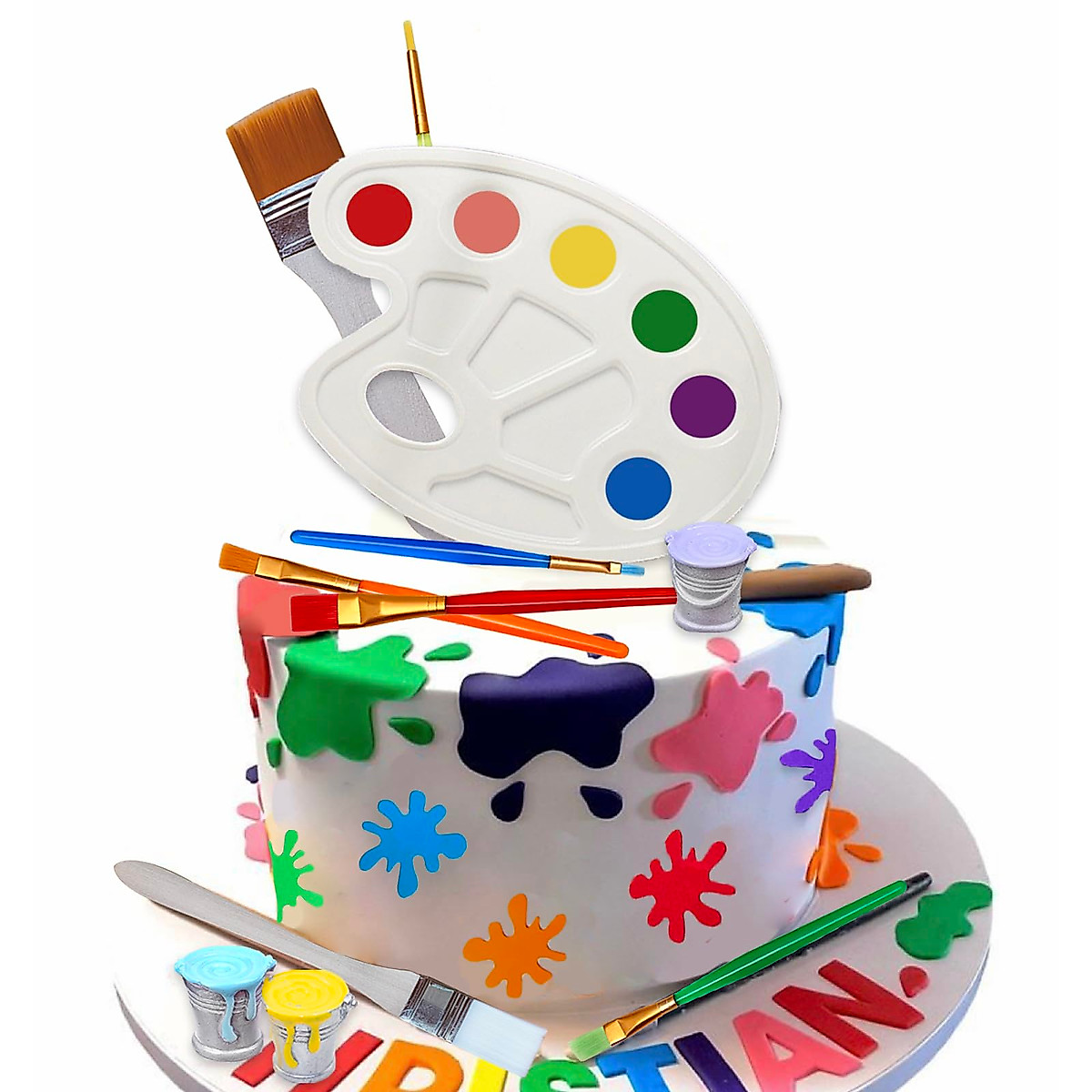 26 Pcs Art Cake Topper Paint Cake Decorations Painting Cake Toppers include Paint Pen Brush Painting Bucket Palette for Kids Birthday Baby Shower Art Themed Party Cake Decoration Supplies