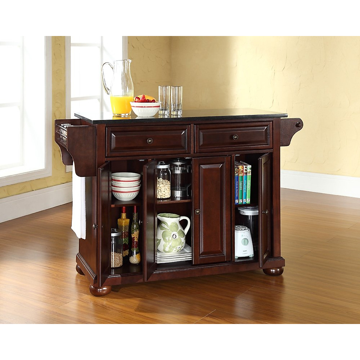 Crosley Furniture Alexandria Granite Top Rolling Kitchen Island Storage Cart, Microwave Stand, Spice Rack, Mahogany