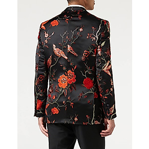 Mens Floral Bird Embroidery Black Gold Tux Jacket Stunning Party Wedding Blazer Waistcoat[TUX-8600-1,46,Black-Red]
