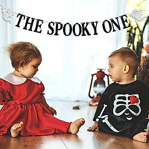 The Spooky One Banner, Halloween 1st Birthday Bunting Sign, Halloween Ghost Bat 1st Birthday/Baby Shower Party Decoration Supplies for Girl Boy, Black Glitter