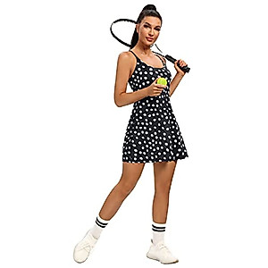Womens Tennis Dress, Workout Dress with Built-in Bra & Shorts Pockets Summer Dress for Golf Athletic Dresses for Women Black Polka Dot