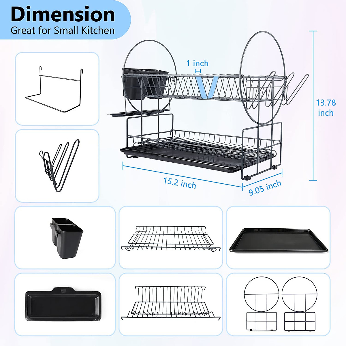 Housen Solutions Dish Drying Rack, 2 Tier Rust-Resistant Dish Rack with Drainboard, Dish Racks for Kitchen Counter with Glass and Utensil Holder