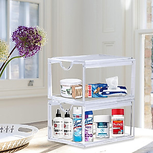 Stackable Cosmetic Organizer Storage Drawers, Set of 2 Acrylic Makeup Storage Organizer, Clear Storage Bins for Bathroom Vanity Countertop Bedroom Dresser Kitchen Cabinet Undersink and Pantry