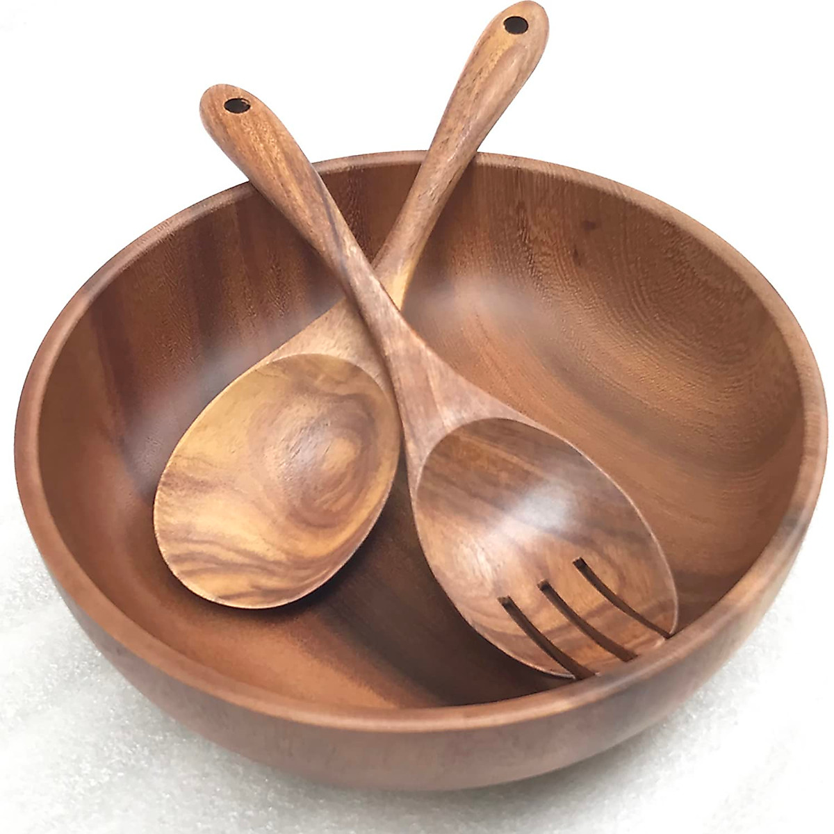 XD MEXL Wooden Bowl Wooden Salad Bowl Set, 9.45 inch Acacia Wood Large Salad Serving Bowl with Fork and Spoon, Handmade Wooden Mixing Bowl Utensils Set (3pcs)