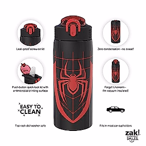 Zak Designs Marvel Spider-Man Water Bottle for Travel and At Home, 19 oz Vacuum Insulated Stainless Steel with Locking Spout Cover, Built-In Carrying Loop, Leak-Proof Design (Miles Morales)