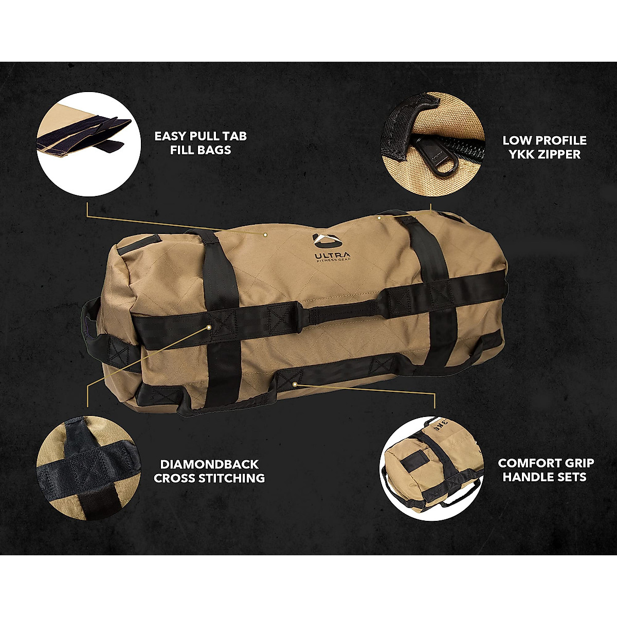 Ultra Fitness Workout Exercise Sandbag - Heavy Duty Sand-Bag for Functional Strength Training, Dynamic Load Exercises, WODs, General Fitness and Military Conditioning (Large 50-125lbs, Tan)