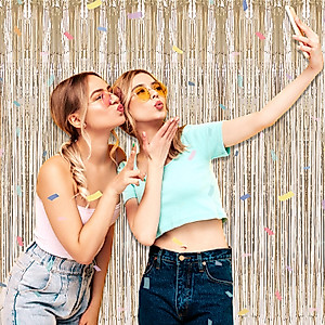 3 Pack Champagne Gold Foil Fringe Curtain Backdrop, 3.28Ft x 8.2Ft Metallic Tinsel Foil Fringe Streamer Curtains for Photo Booth, Valentine's Day， Wedding, Birthday, New Year Party Decorations