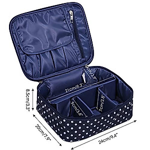 Narwey Travel Makeup Bag with Brush Compartments，Portable Cosmetic Bag，Make up Bag Makeup Organizer Case with Brush Storage for Women(Blue Polka Dot)