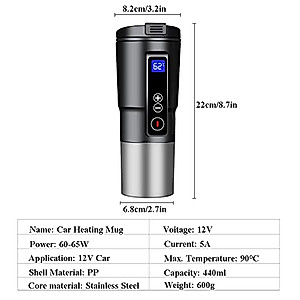 Funchic Heated Travel Mug Electric Coffee Mug Warmer 12V Thermos Cup Intelligent Travel Mug with Temperature Control for Car