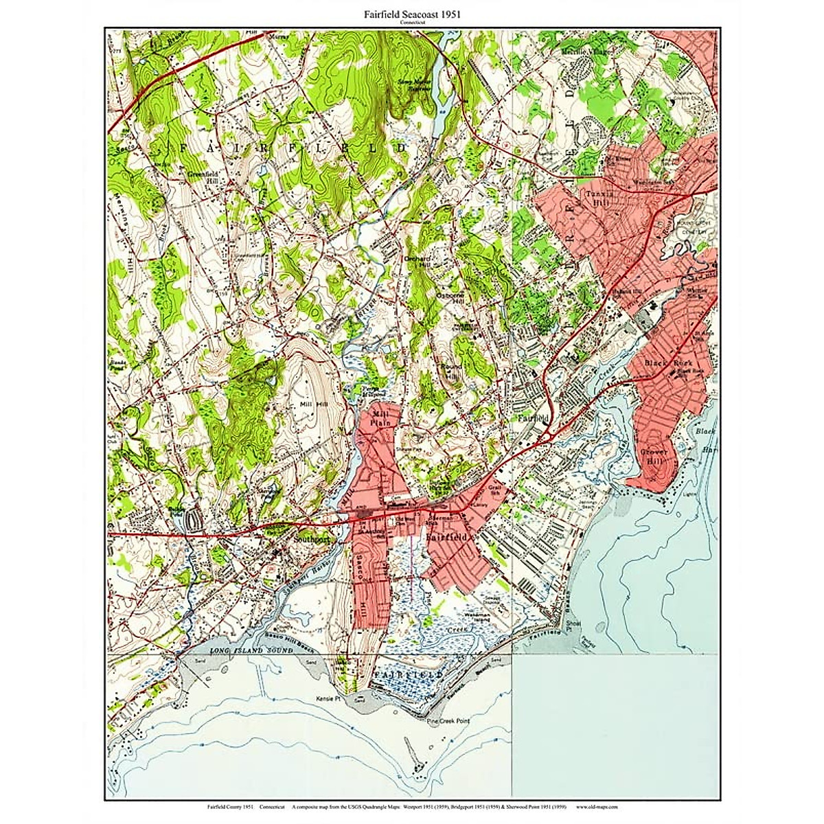 Fairfield Seacoast 1951 - Old Topographic Map USGS Sasco Hill Custom Composite Reprint Connecticut 7x7 - Coast 6-24"x30"