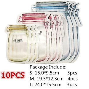 Vilihkc Reusable Storage Bags Mason bottle shape- 10 Pack Airtight Freezer Bags BPA FREE Lunch Bag for Food Travel Storage Home Organization