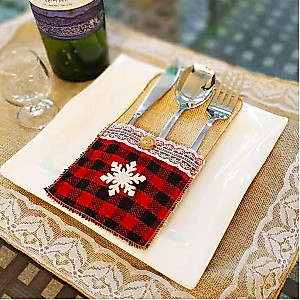 Vanteriam Natural Burlap Cutlery Holder Pouch Bags with Lace Trim, Knife and Fork Silverware Hold Bag, Christmas Utensil Holder Table Decoration for Christmas and Wedding Party 12 Pack