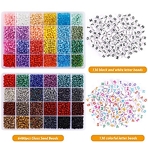 QUEFE 6480pcs Glass Seed Beads 4mm Bracelet Beads for Jewelry Making Kit, Small Waist Craft Beads, 260pcs Alphabet Letter Beads with Elastic String Cords and Charms