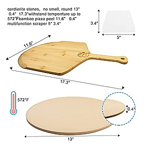 AILUROPODA 13" Round Pizza Stone for Oven and Grill with Bamboo Pizza Paddle, Cleaning Scraper and Recipe Cordierite Baking Stone for Oven Thermal Shock Resistant