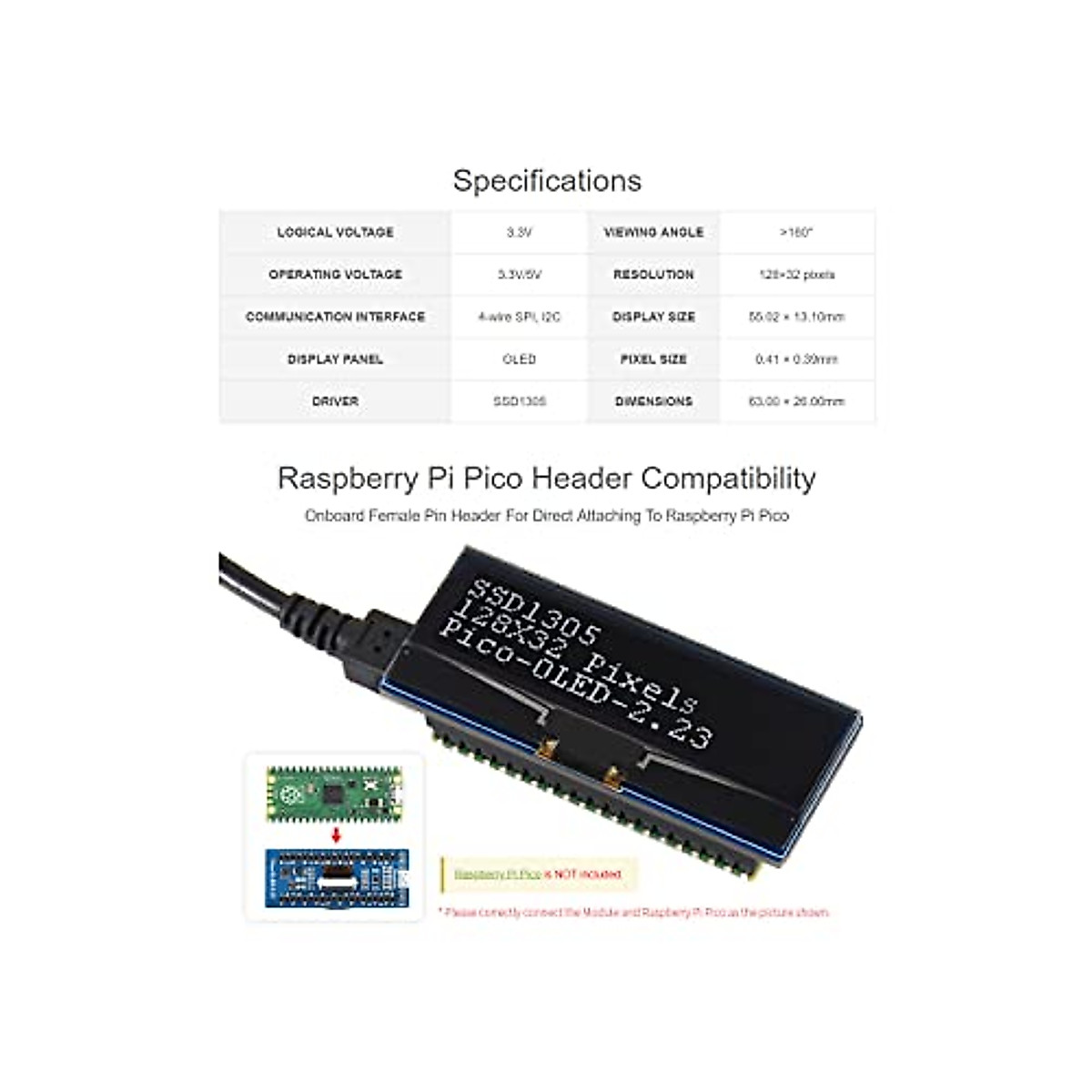Waveshare 2.23inch OLED Display Module for Raspberry Pi Pico 128×32 Pixels SPI/I2C Interface Embedded SSD1305 Driver