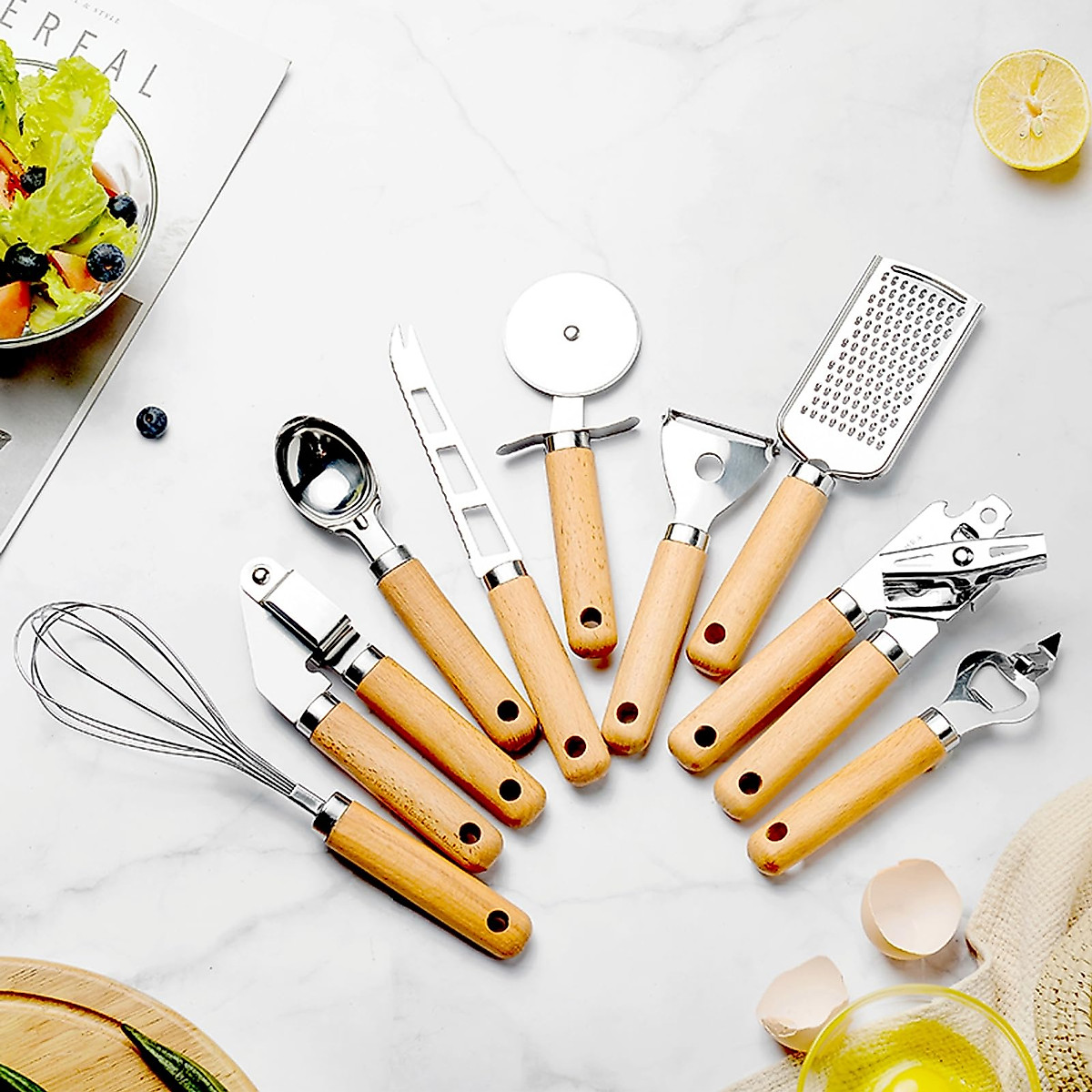 Bapocsc 9 pcs Kitchen Gadgets & Kitchen Tool Gift Set Kitchen Essentials(Can opener,Ice scream scoop,Peeler,Pizza cutter,Garlic press,Cheese grater,Whisk,Cheese knife,Bottel opener)