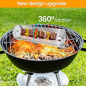 [2 PCS]BBQ Grill Basket - Rolling Grilling Baskets for Outdoor Grilling,Grill Baskets for Outdoor Grill Vegetables,Round Grill Basket,Barbecue Grill Vegetable Basket for Veggies,Fish,Jalapeno,Cylinder