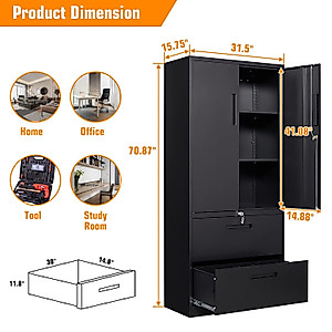 ZAOUS File Cabinet 2 Drawer, Metal File Cabinet with Lock, Lateral Filing Cabinets with Doors & Adjustable Shelves for Home Office, Living Room, Pantry, Gym, Basement, Warehouse, Black