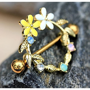 Pierced Owl 14GA Golden Leaves Shield with Flowers and Colorful CZs 316L Surgical Stainless Steel Barbell Nipple Ring Shields, Sold as a Pair