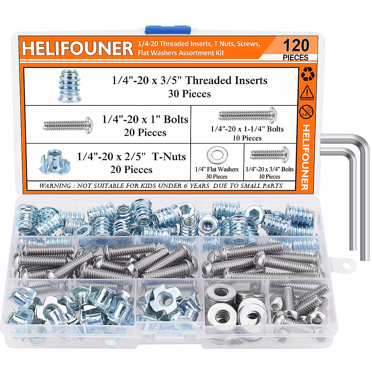 HELIFOUNER 1/4"-20 Threaded Inserts for Wood Furniture, 1/4"-20 T Nuts, 1/4-20 x 3/4", 1", 1-1/4" Button Head Socket Cap Screws, 1/4" Flat Washers Assortment Kit, 120 Pieces