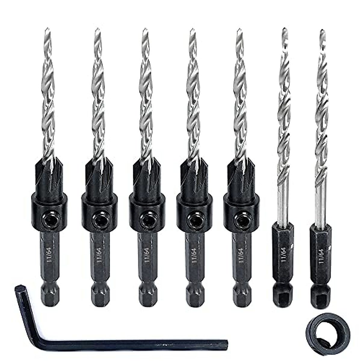 Saipe 5pcs Wood Countersink Drill Bit Set with 2pcs Counter Sinker Replacement Tapered Drill Bit All Same Size 11/64" Quick Change Hex Shank Screw Drill Counter Sink Bit for Drilling Pilot Hole