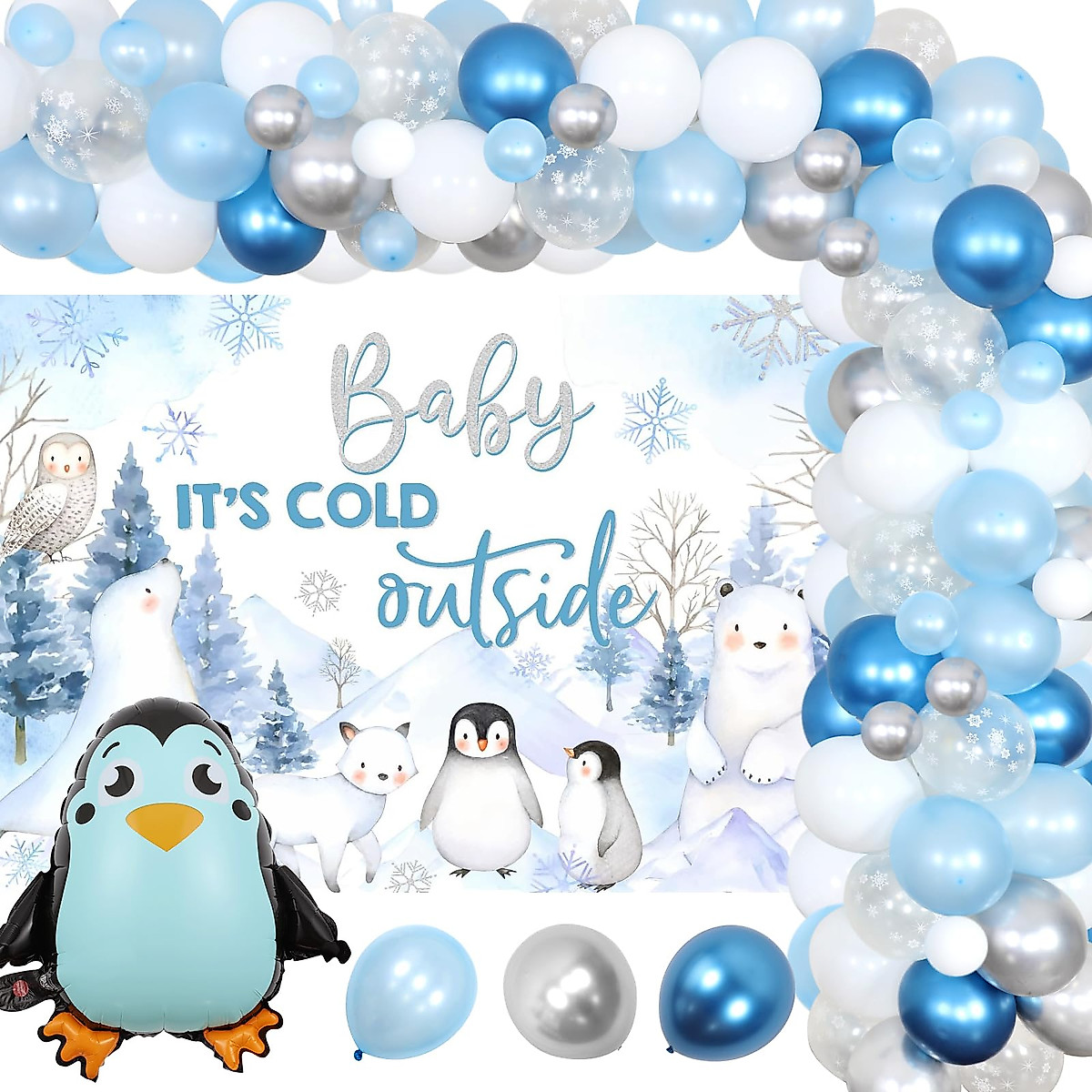 Arctic Animals Baby Shower - Blue Snowflake Balloon Garland Arch Kit with Baby It's Cold Outside Backdrop, Penguin Foil Balloons, Polar Bear Penguin Winter Baby Shower Decorations