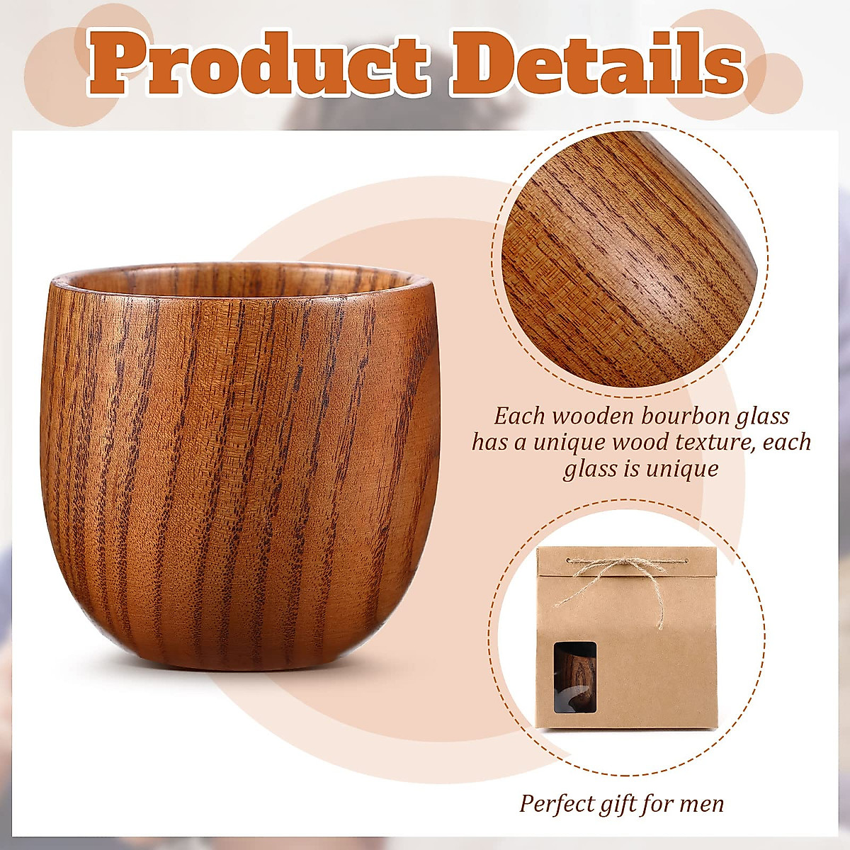 Yinder 2 Pcs Wooden Bourbon Glass Bourbon Gifts for Men 180 ml Wooden Cup with Kraft Bag for Whiskey Sake Tea Home Bar Drink Lover Men Valentine's Day Anniversary Wedding Birthday Gift for Christmas