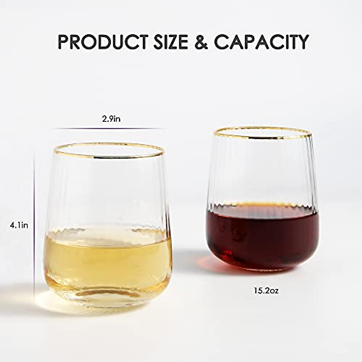 Lysenn Stemless Wine Glasses Set of 4 - Premium Hand Blown Drinking Glasses for White and Red Wine - Elegant Vertical Stripe and Gold Rim Design - Clear 15oz