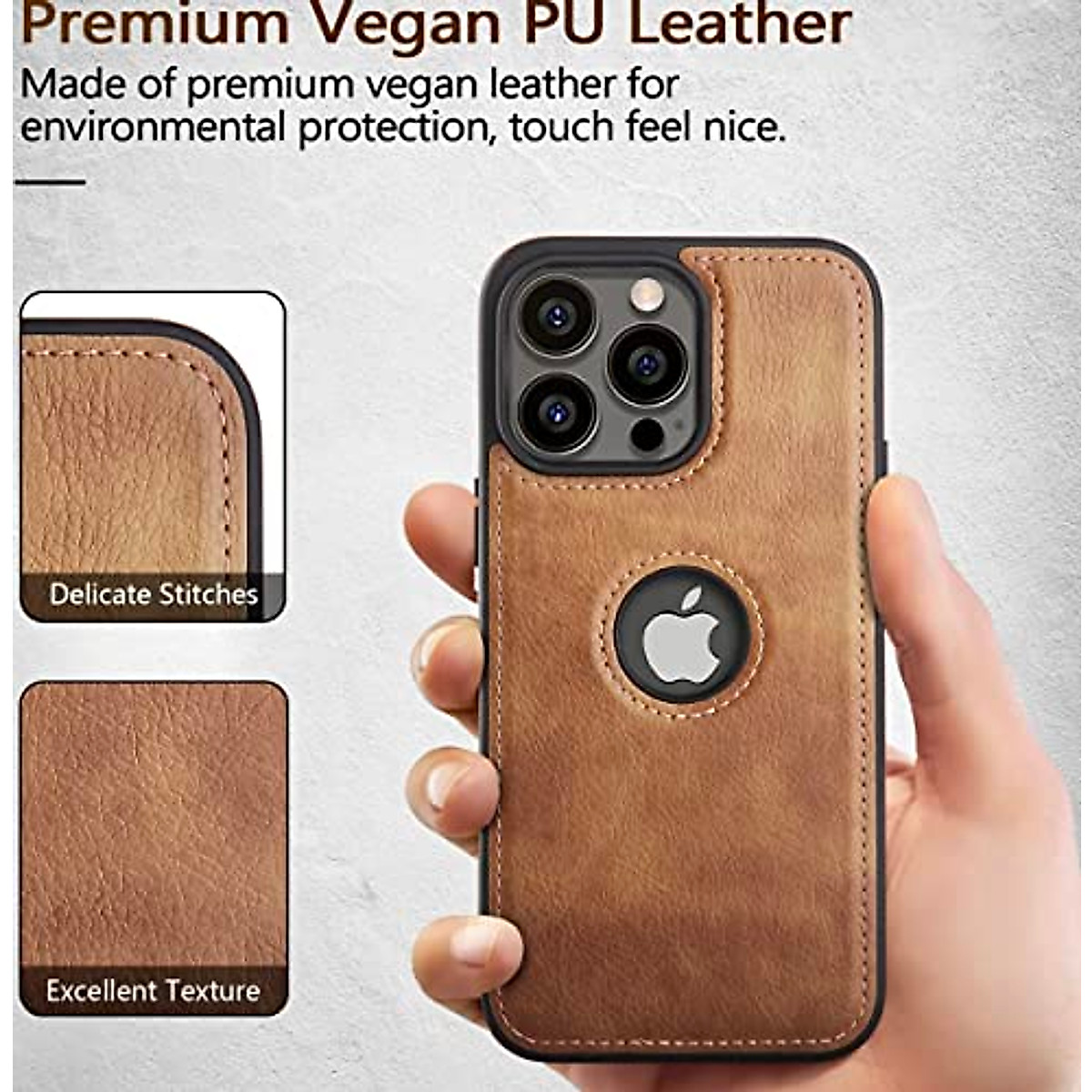 N.N Compatible for iPhone 14 Pro Max 6.7 Vegan Leather case, Luxury, Elegant and Beautiful Design case Non-Slip Grip Vintage Looking Perfect Stitching Leather case (Brown)