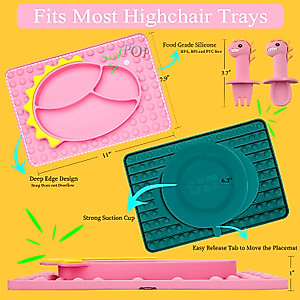 NICINGU Silicone Toddler Dinosaur Feeding Placemat Sets with Spoon and Forks,Baby Push Pop Bubble Suction Divided Plate Utensils Sets,Kids Led Weaning Dish Sets-Pink Dinosaur Placemat Sets