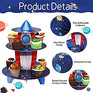 3 Tiers Rocket Cupcake Stand Outer Space Cardboard Cupcake Holder Galaxy Party Dessert Tower Solar System Treat Stand for Kids Space Birthday Decor Baby Shower Family Gathering Supplies