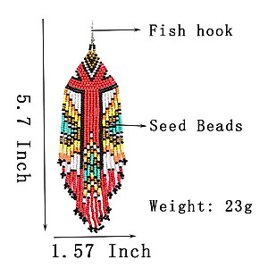 Long Beaded Tassel Earrings – Large Native Bohemian Statement Beaded Fringe Drop Earrings, Big Tribal Boho Seed Bead Chandelier Dangle Earrings for Women Girls (Red Beaded Earrings M)