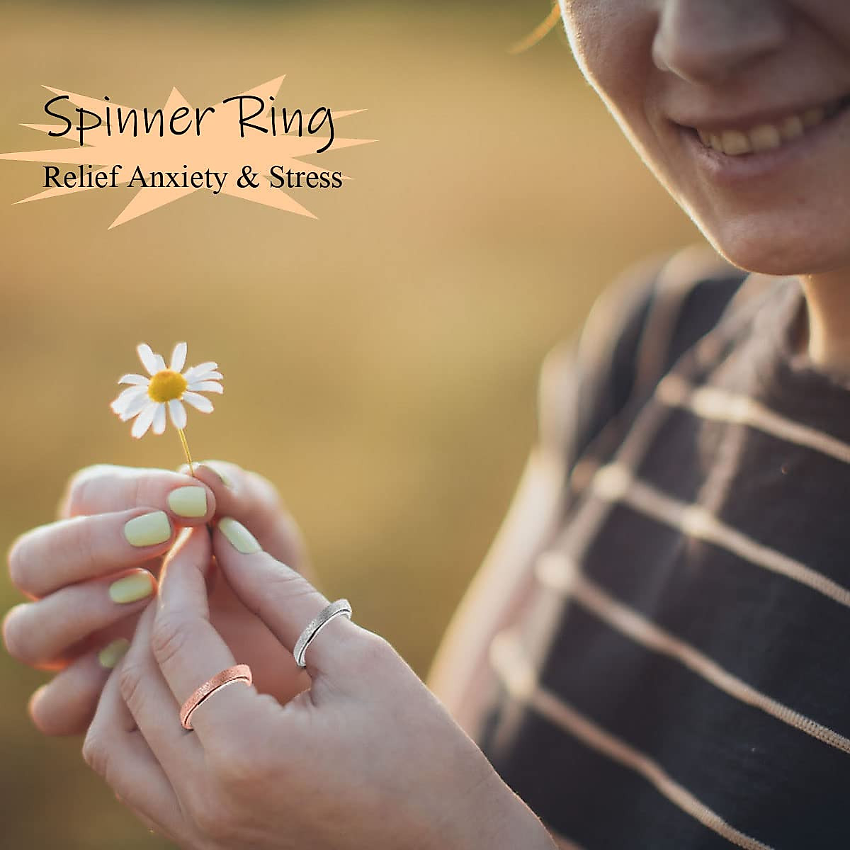 LuckyAmor Fidget Anxiety Ring for Women-3Pcs 4MM Rainbow Rose Gold Silver Moon Star Hollow Stainless Steel Spinner Rings for Anxiety Stress Relief Gift for Women party birthday