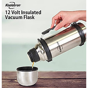 Koolatron 12V Insulated Vacuum Flask with Heater, 1L Silver and Black Stainless Steel, Push Button Dispenser, for Car, SUV, Truck, RV, Boat