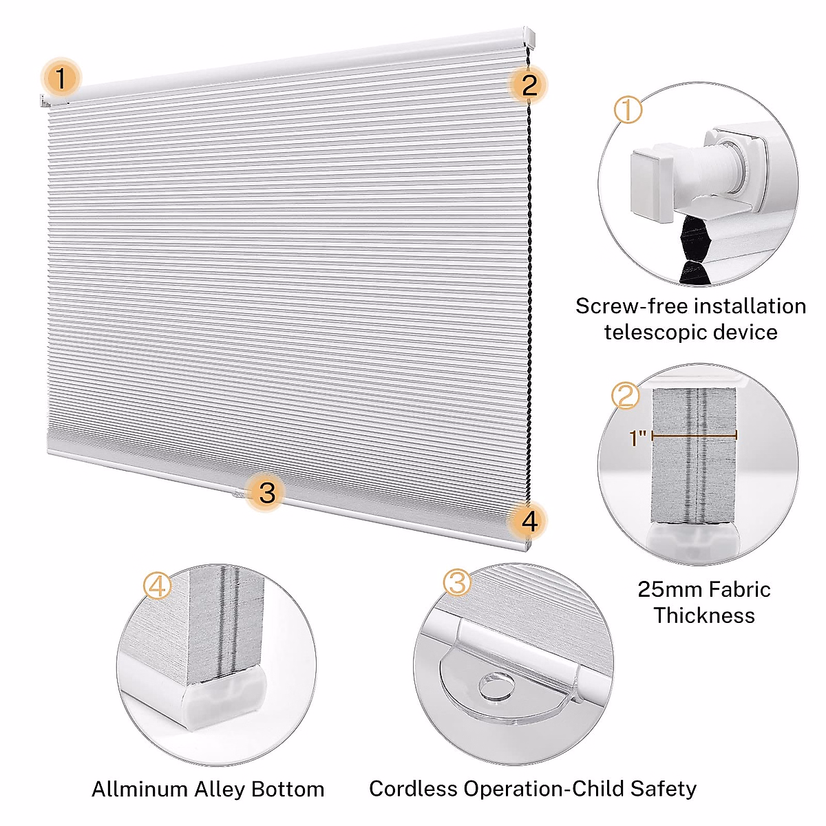 Keego Cordless No Drill Cellular Blinds for Window Blackout Honeycomb Shades No Tools Easy Install for Home Kitchen Bedroom Office(Blackout,White,34w x 60h)