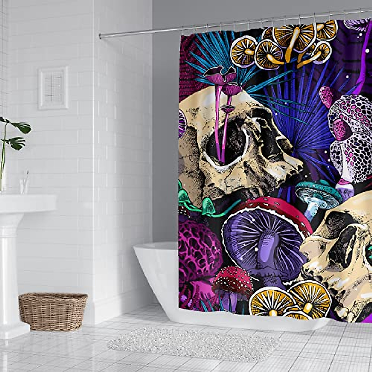 RinRinfam 4Pcs Purple Trippy Mushroom Shower Curtain Set, Fantasy Plant Skeleton Cool Skull Shower Curtain Set Non-Slip Rug,Toilet Lid Cover,U Shape Mat,Waterproof Bathroom Decor Sets with 12 Hooks