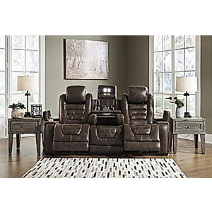 Signature Design by Ashley Game Zone Faux Leather Adjustable Power Reclining Sofa with Cup Holders and Storage, Brown