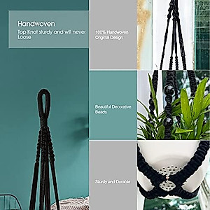 Macrame Plant Hanger for 5 to 10 Inch Plant Pots, Set of 2 Indoor Handmade 35 Inch Woven Rope Hanger Kits with Hooks and Wood Beads, Hanging Planter Basket Holder for Boho Home Decor (Black, 2 Pack)