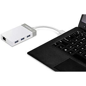 TRENDnet 3-Port USB 3.0 Hub, TU3-ETGH3, Compact USB to Ethernet Adapter, 3 x USB 3.0 Ports, 1 x RJ-45 Gigabit Ethernet Port, Supports XP, Vista, Windows, Mac OS 10.6-10.9, Nintendo Switch, White