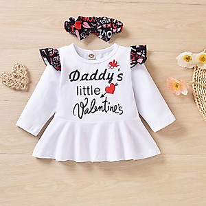 HINTINA Infant Baby Girls Valentine's Day Outfit Ruffle Long Sleeve Tunic Drees Top Love Heart Pants Headband 3PCS Clothes Set(White,6-12M)