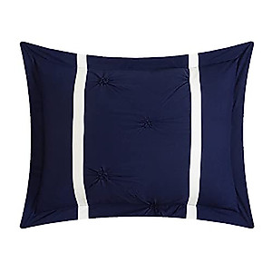 Chic Home Marcia 4 Piece Comforter Set Printed Pinch Pleated Ruffled and Reversible Geometric Design with Decorative Pillow and Sham, Full/Queen, Navy
