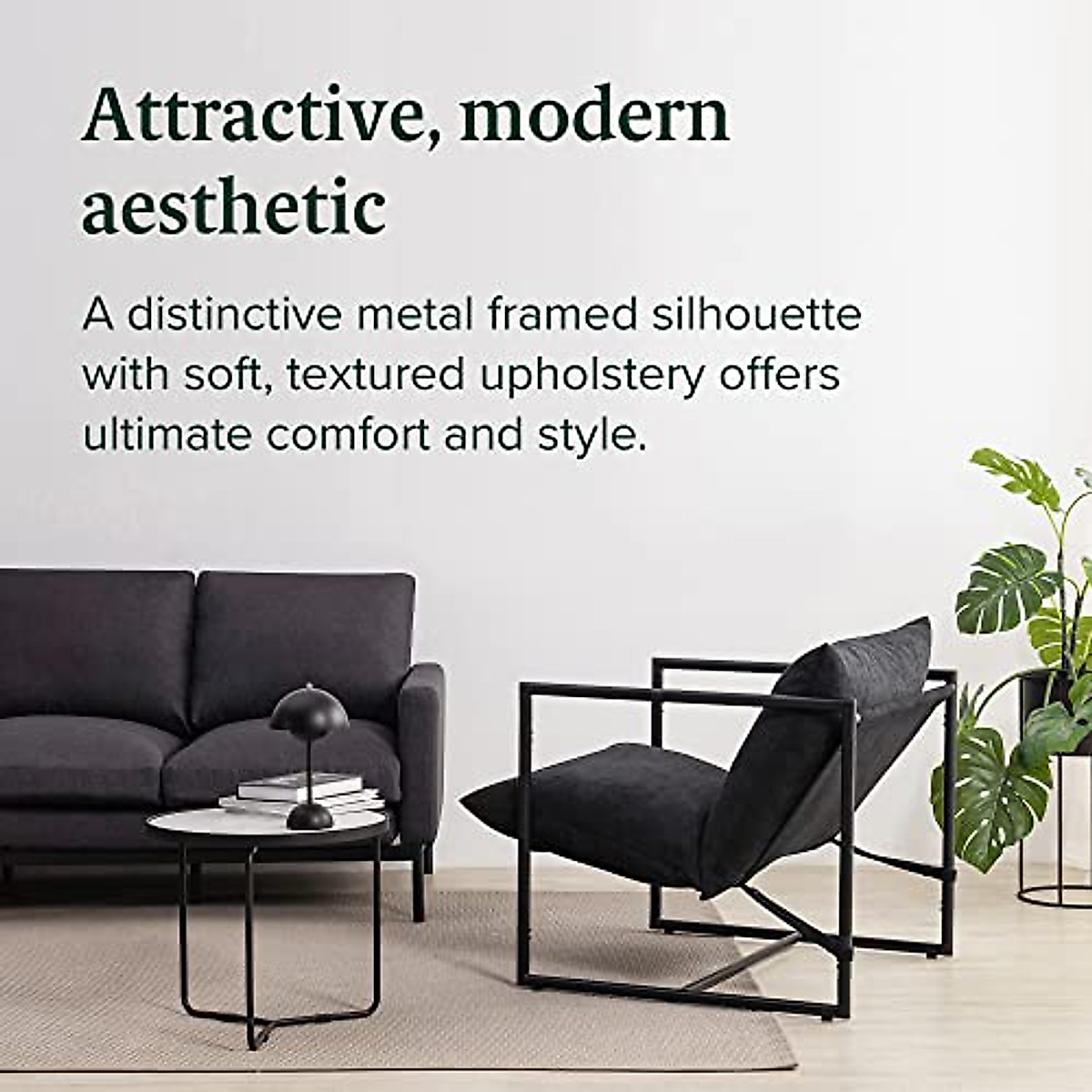 ZINUS Aidan Sling Accent Chair / Metal Framed Armchair with Shredded Foam Cushioning, Black