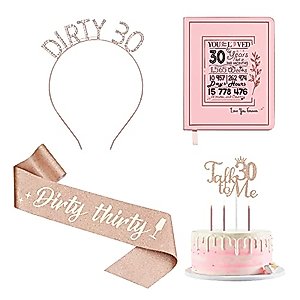 30th Birthday Decorations for Women, 30th Birthday Sash, Rhinestone Headband / Tiara, Candles, Cake Toppers and Daily Planner, Dirty 30 Birthday Decorations and 30th Birthday Gifts for Her