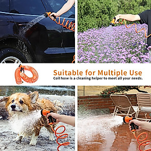 BESITER Coil Hose 50 ft, EVA Recoil Garden Hose Brass Connector, Coiled Watering Hose, Lightweight Flexible hoses, and Includes 10 Patterns Spray Nozzle for Outdoors Lawn Watering, Car Washing Orange