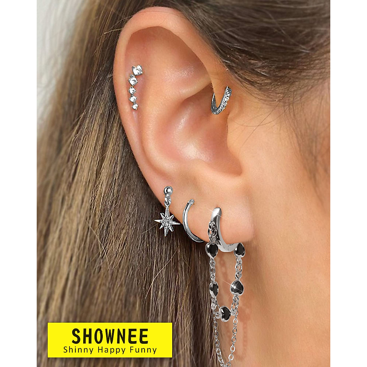 Shownee Silver Hoop For Women, Cubic Zirconia Chain Hoop Hypoallergenic Small Huggie Hoop Earrings Fashion Jewelry Friendship Gift
