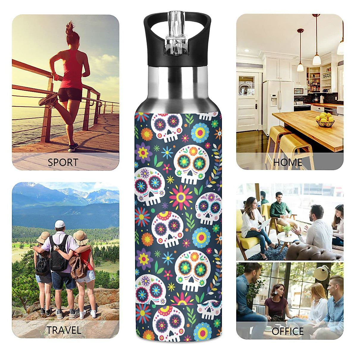 Sugar Skulls Water Bottle with Straw Lid Double Wall Daisy Thermos Bottle Vacuum Insulated Flask Stainless Steel Water Bottle for Gym Outdoor 20 OZ