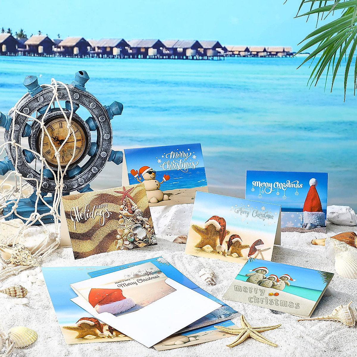 Spiareal 24 Sets Merry Christmas Greeting Cards Christmas Cards with Envelopes and Stickers Tropical Beach Blank Christmas Cards Xmas Thank You Cards for Christmas Holiday Present