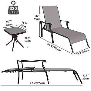 YITAHOME Outdoor Chaise Lounge Chair Set of 3, Patio Lounge Chair with Side Table and 5 Adjustable Positions, Textile Pool Chaise Lounger for Outdoor, Patio, Beach, Yard (Brown)